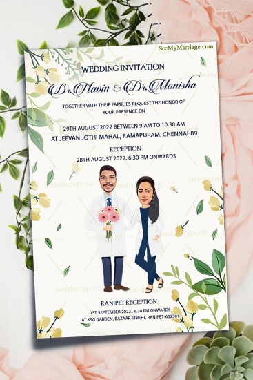 Caricature Theme Doctor Wedding Invitation Card With Floral Accents ...