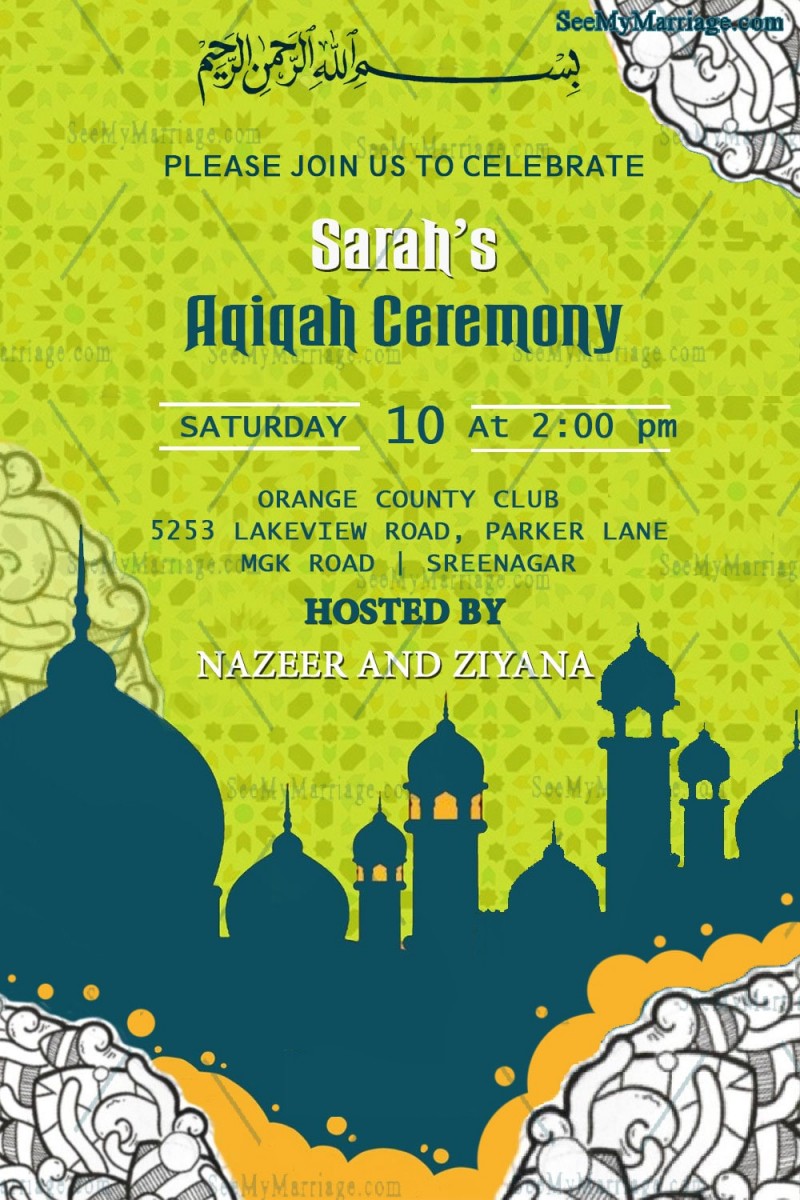 Mosque Theme Aqiqah Invitation card Bright Green – SeeMyMarriage