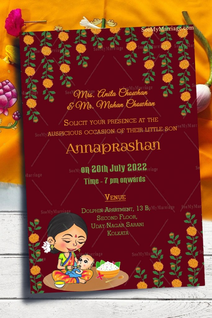 Red Theme First Rice Ceremony Invitation Card With Marigold Flower ...