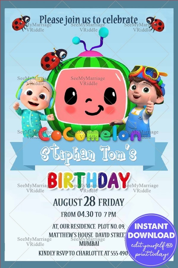 Coco Melon Theme 1st Birthday Invitation Card Baby Blue – SeeMyMarriage