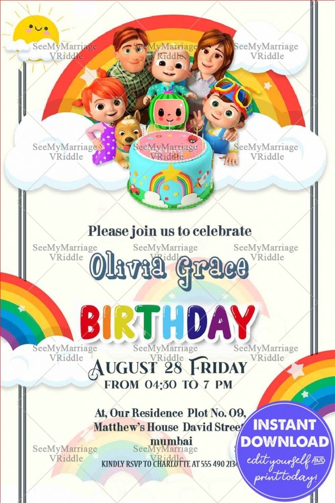 Coco Melon Theme 1st Birthday Invitation Card Rainbow Family – SeeMyMarriage