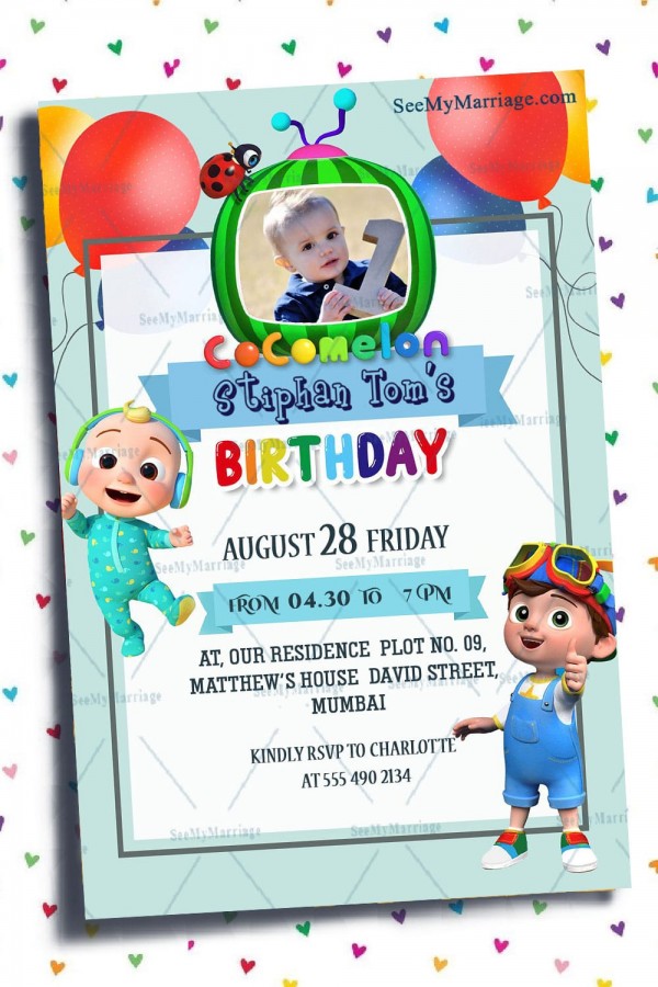 Coco Melon Theme 1st Birthday Invitation Card Baby Photo – SeeMyMarriage
