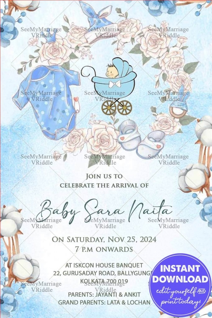 Cute Floral Baby Welcome Invitation Card Blue Theme – SeeMyMarriage