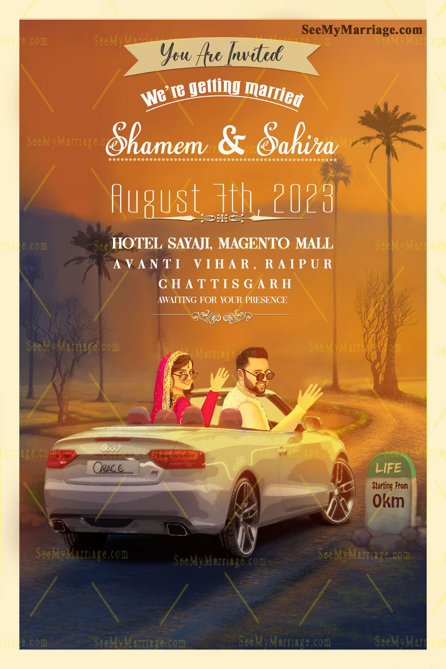 Muslim Couple Caricature Wedding Invitation Card Open Top Car ...