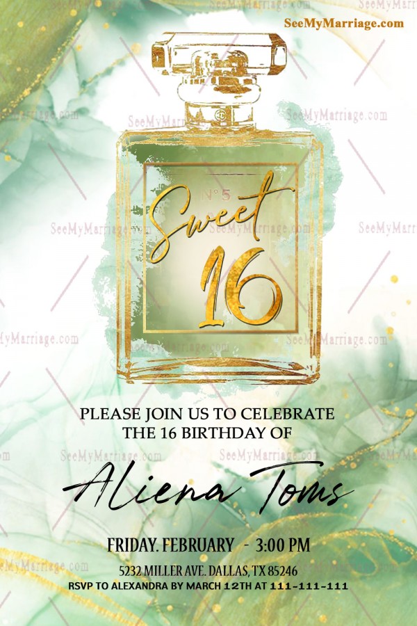 Perfume Theme Sweet 16 Birthday Invitation Card Watercolour Style ...