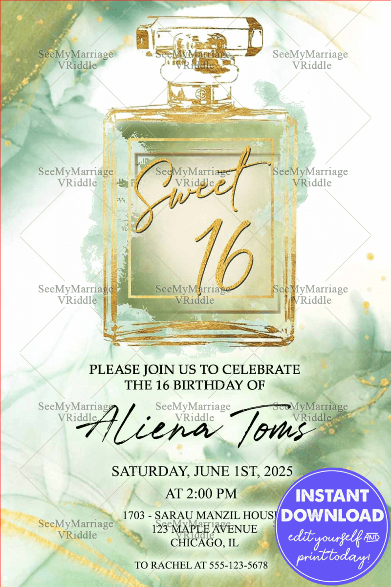 Perfume Theme Sweet 16 Birthday Invitation Card Watercolour Style ...