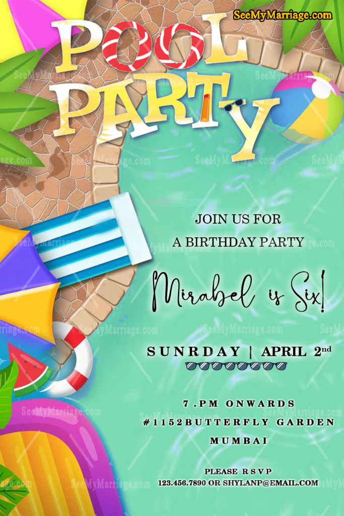 Swimming Pool Theme Birthday Invitation Card Lazy Floats Balls ...