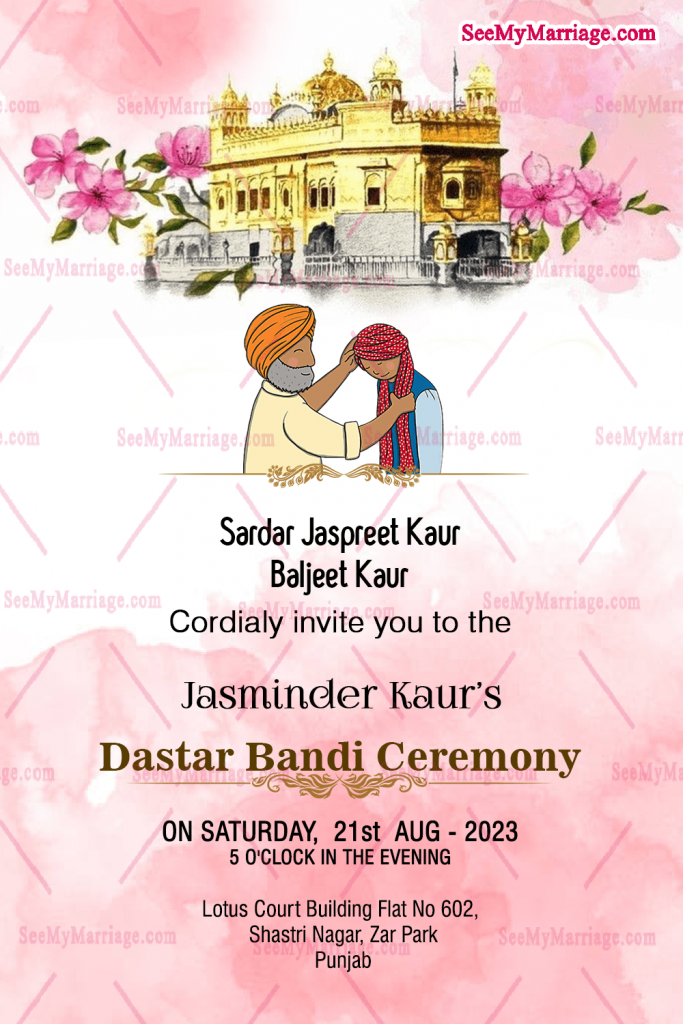 Gurudwara Theme Pink Dastar Bandi Invitation Card Golden Temple ...