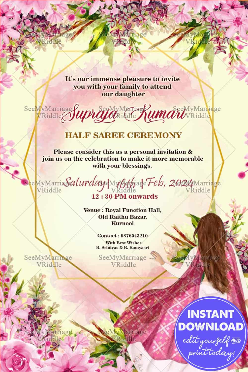 Pink Flowers Half Saree Ceremony Invitation Card Golden geometric Frame ...