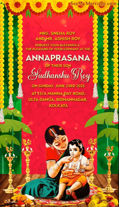 Traditional Krishna Theme First Rice Ceremony Invitation Mother Child ...