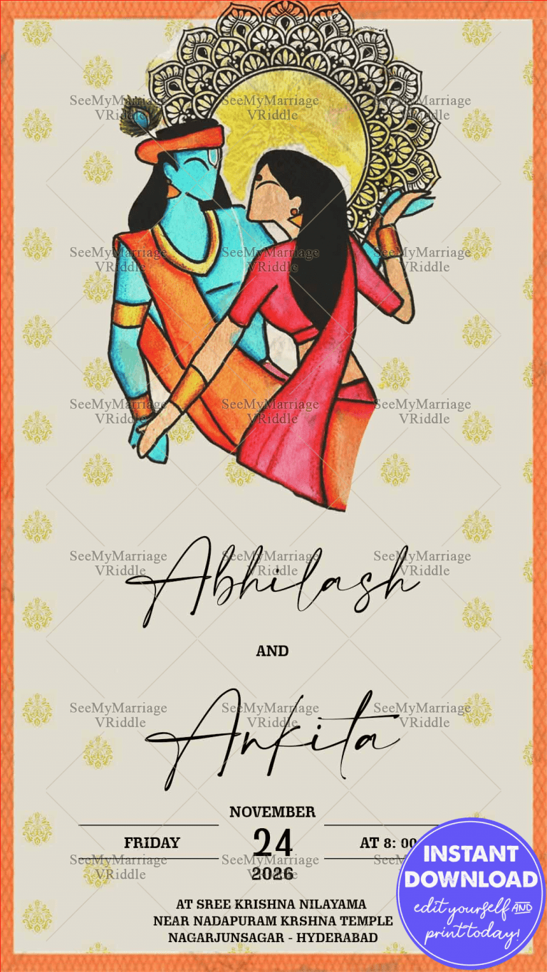 Artistic Cream Wedding Invitation Card Radha Krishna Theme – SeeMyMarriage