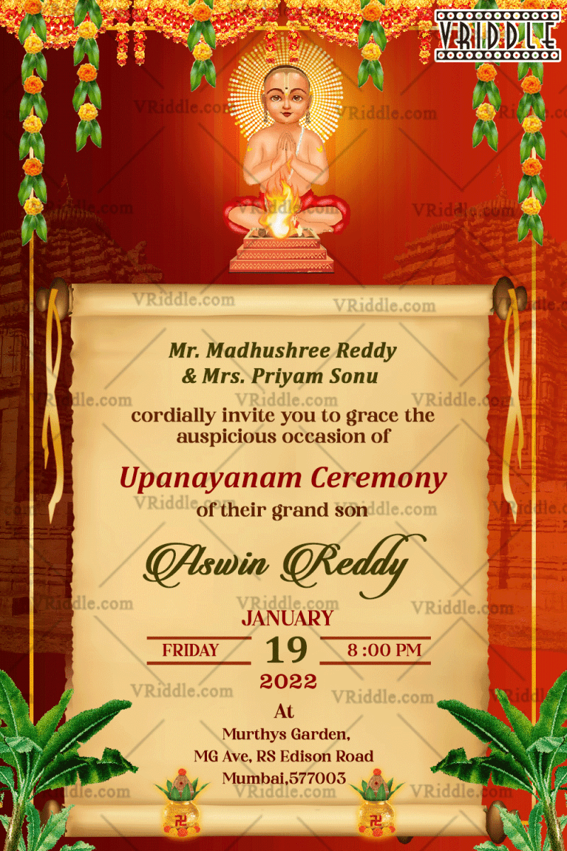 Red Thread Ceremony Invitation Card Traditional Vedic Boy Scroll Theme ...