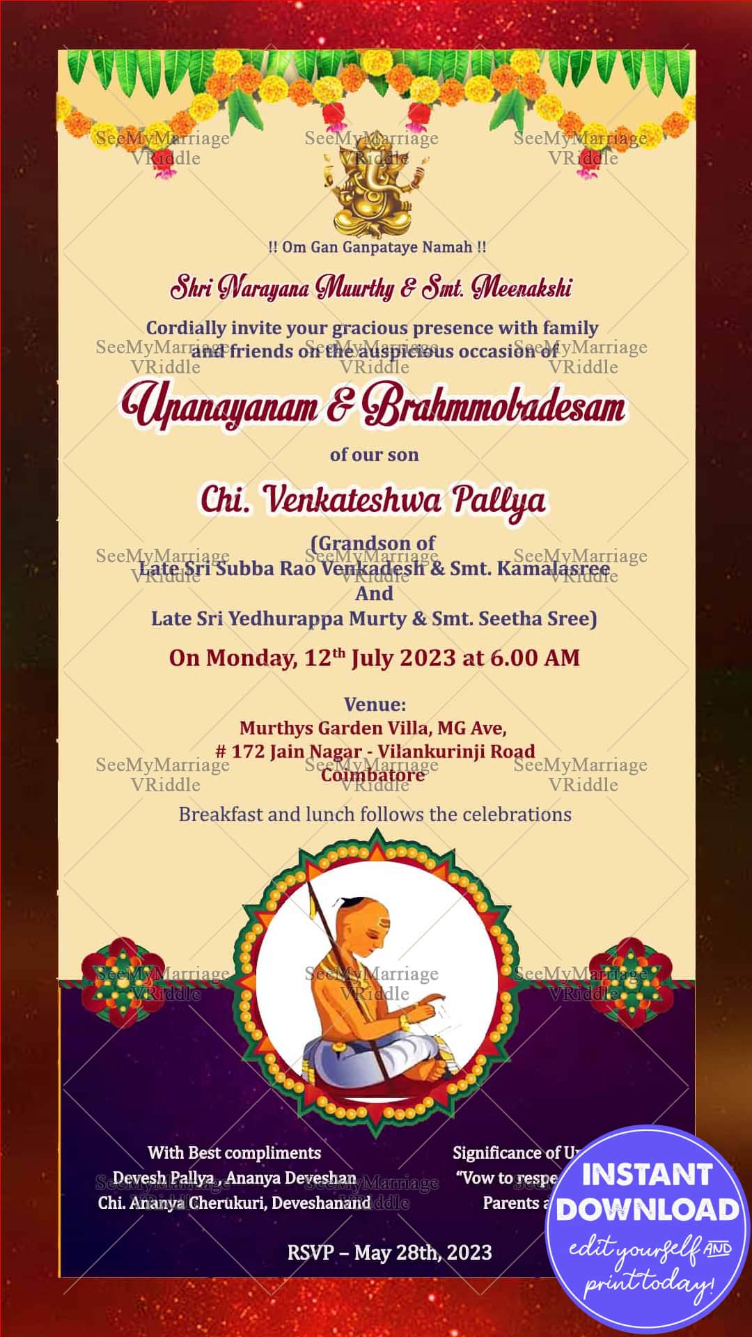 Traditional Upanayanam Ceremony Invitation Card Vedic Boy Illustration ...