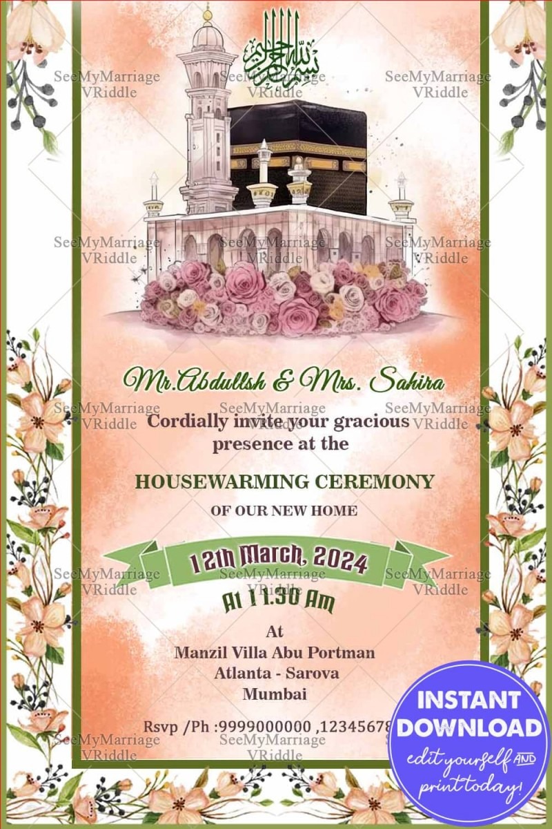 Floral Muslim Housewarming Invitation Card Blessed Mecca – SeeMyMarriage