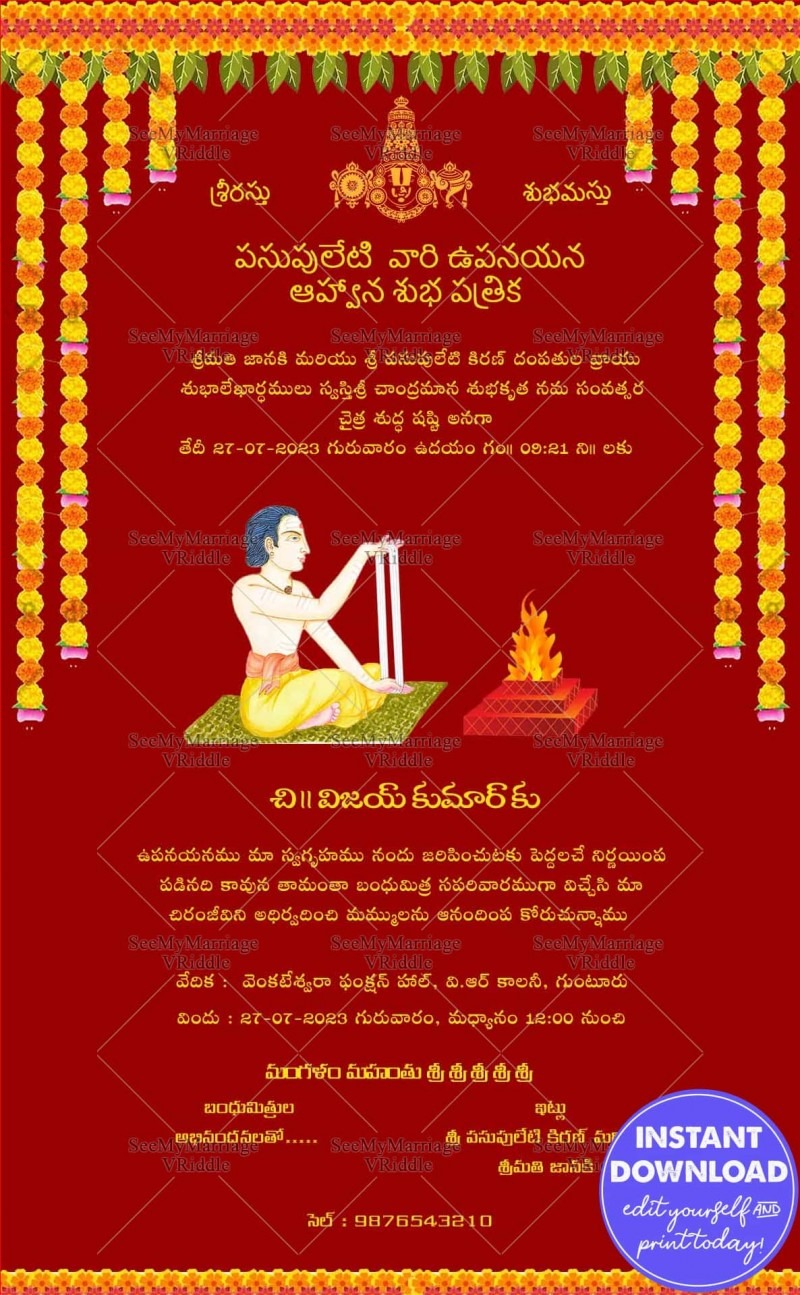 Telugu Traditional Thread Ceremony Invitation Card Janeu Red Theme ...
