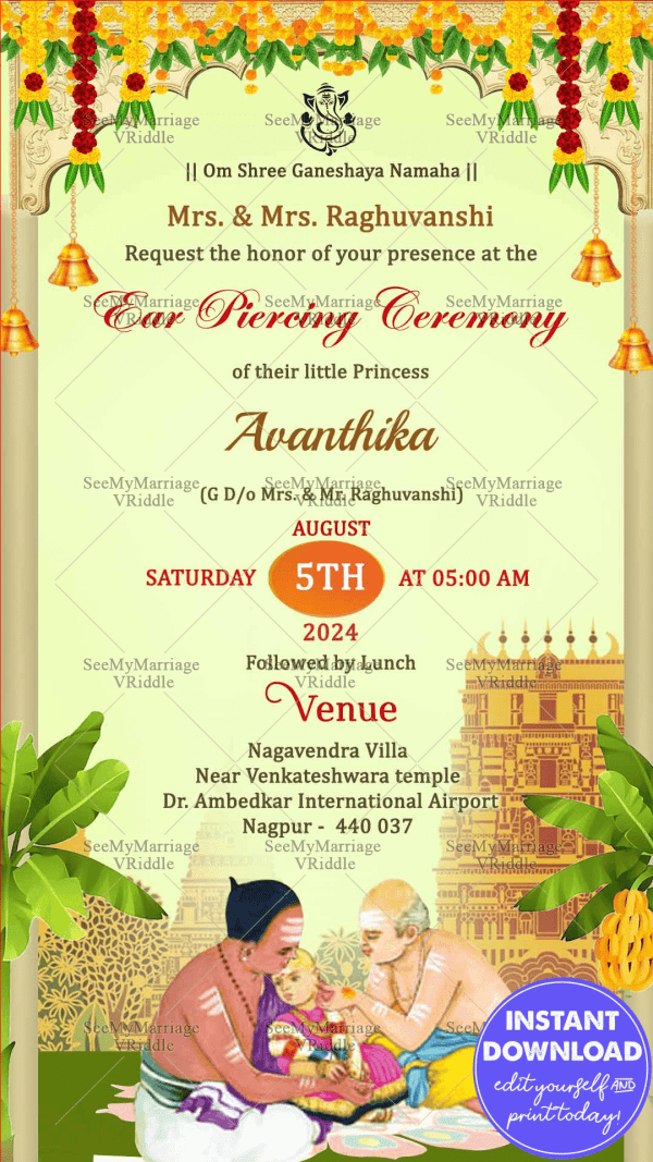 Auspicious Green Ear Piercing Ceremony Invitation card Illustrated ...