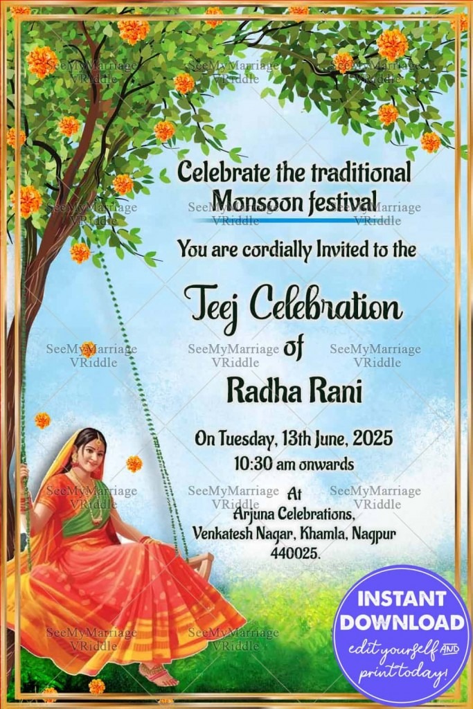 Harmonious Nature Hariyali Teej Invitation Card Lady On swing ...