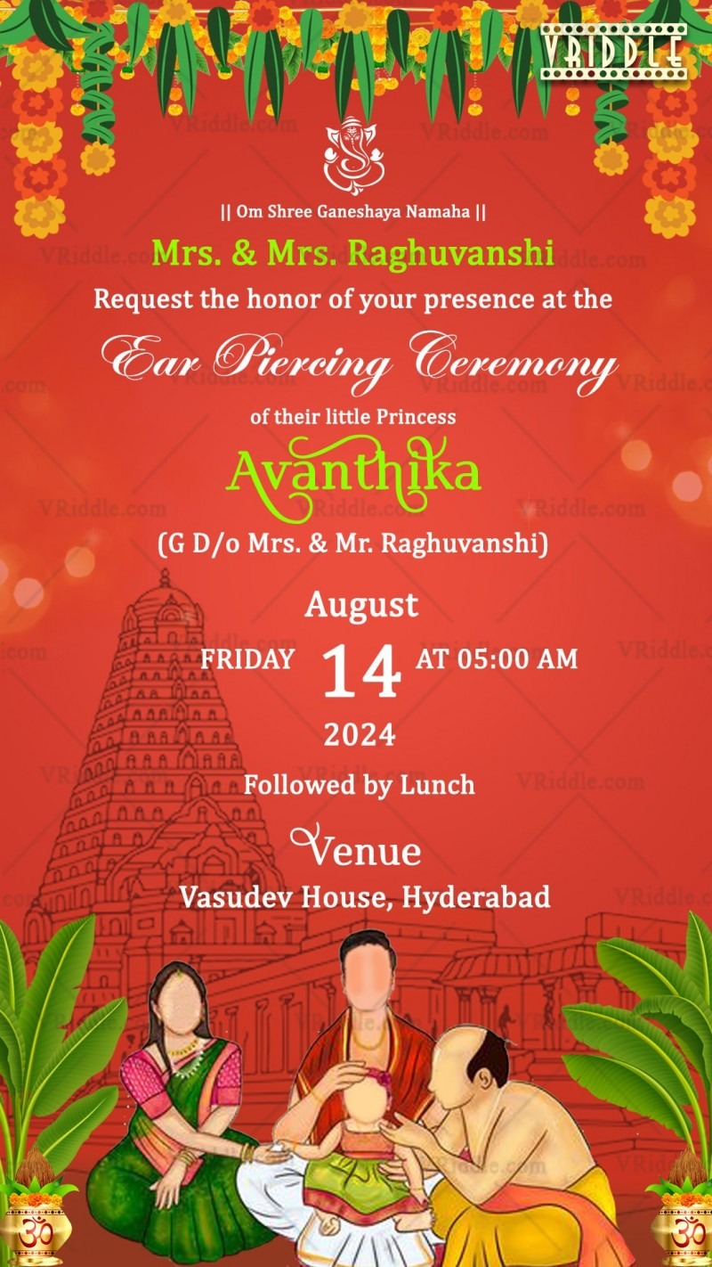 Red Temple Art Ear Piercing Ceremony Invitation Card Family Illustrated ...