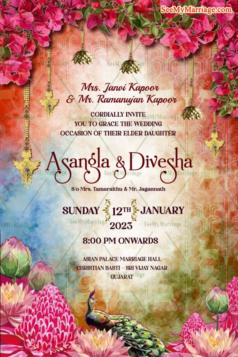 Lotus theme Gujarati Wedding Card with Peacocks – SeeMyMarriage