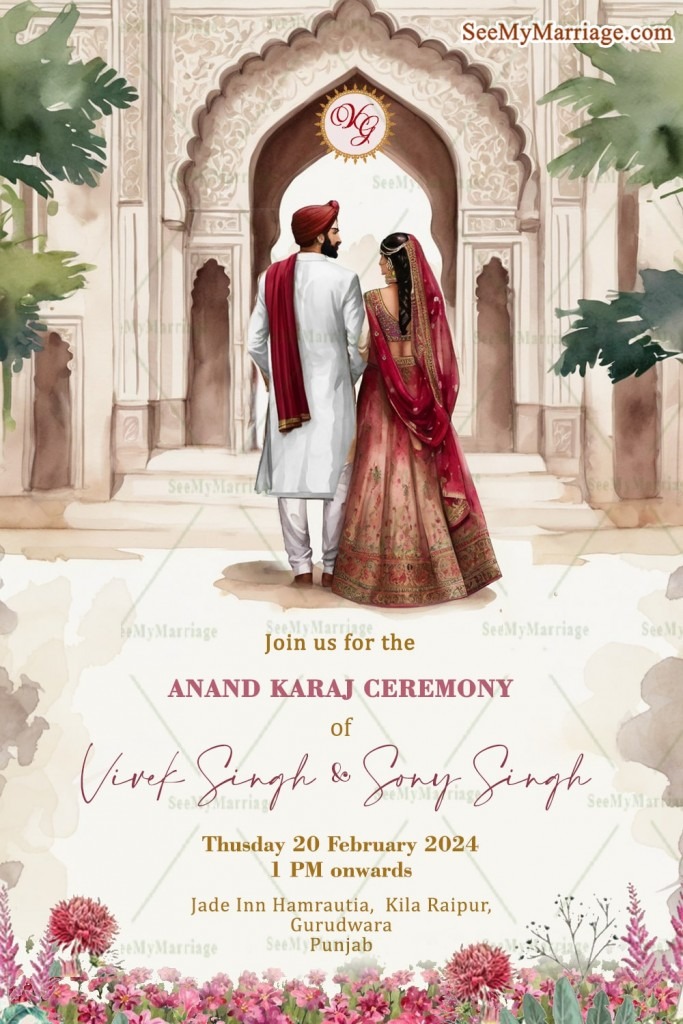 Anand Karaj Ceremony Card with Palace Background and a Walking Punjabi ...