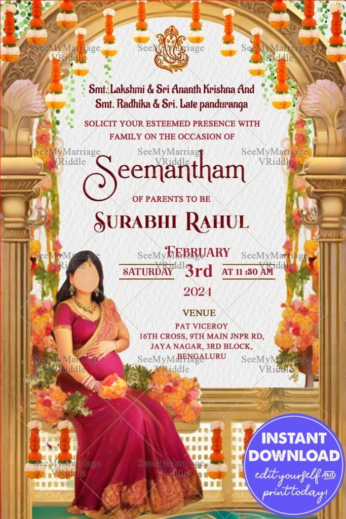 Traditional Caricature Baby Shower Invitation with Marigold and Golden ...