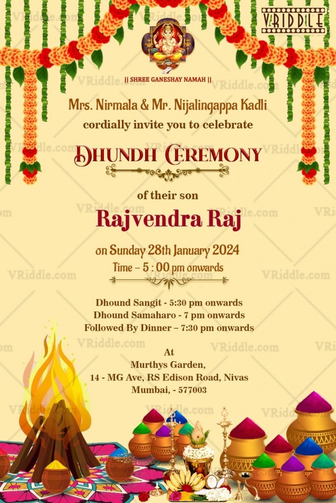 Dhundh Ceremony Invitation with Holi colors In Cream Background ...
