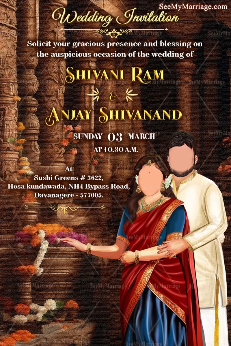 Caricature Wedding Invitation Card with a Traditional Temple Theme ...