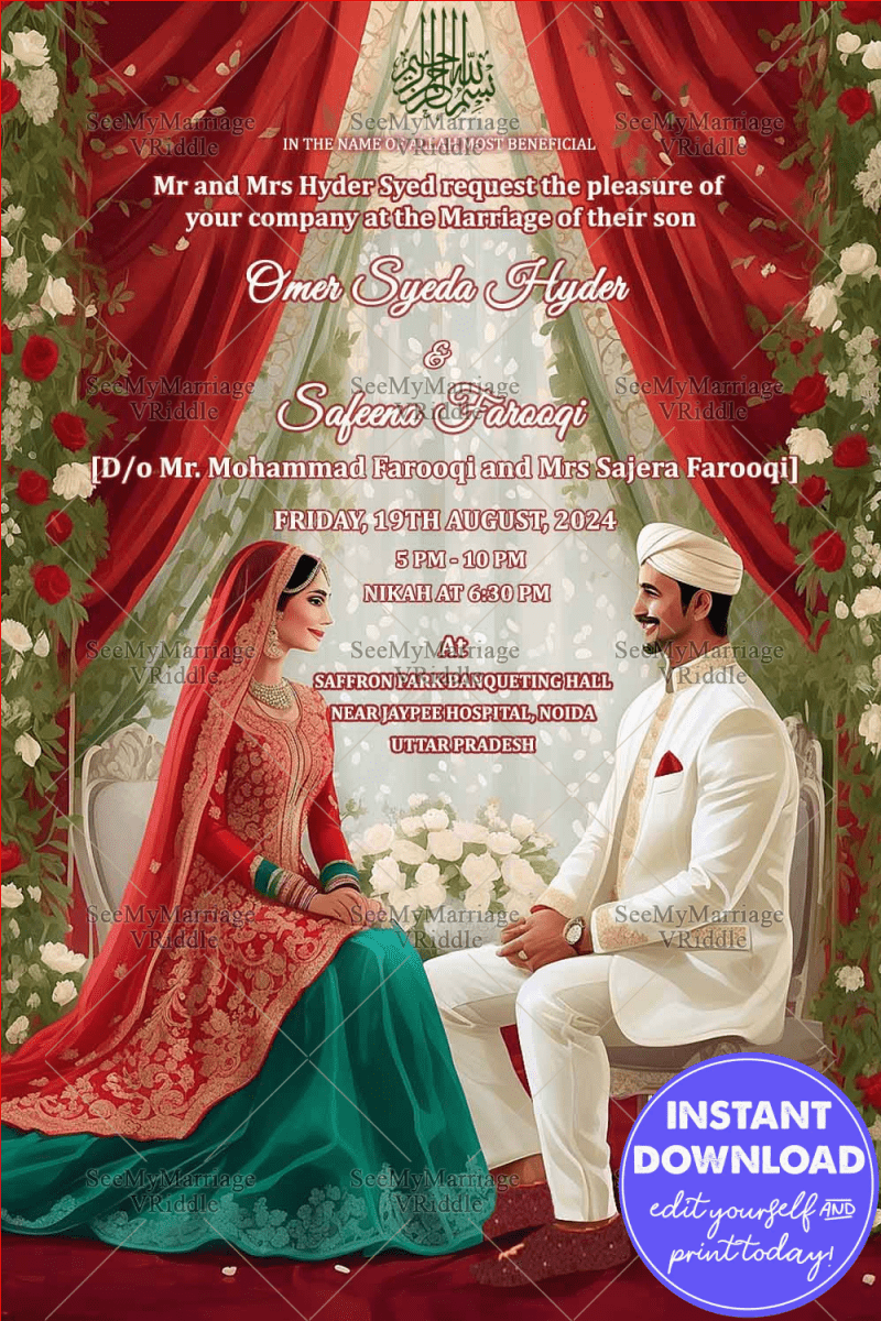 Nikkah Ceremony invitation in red theme with bride and groom caricature ...