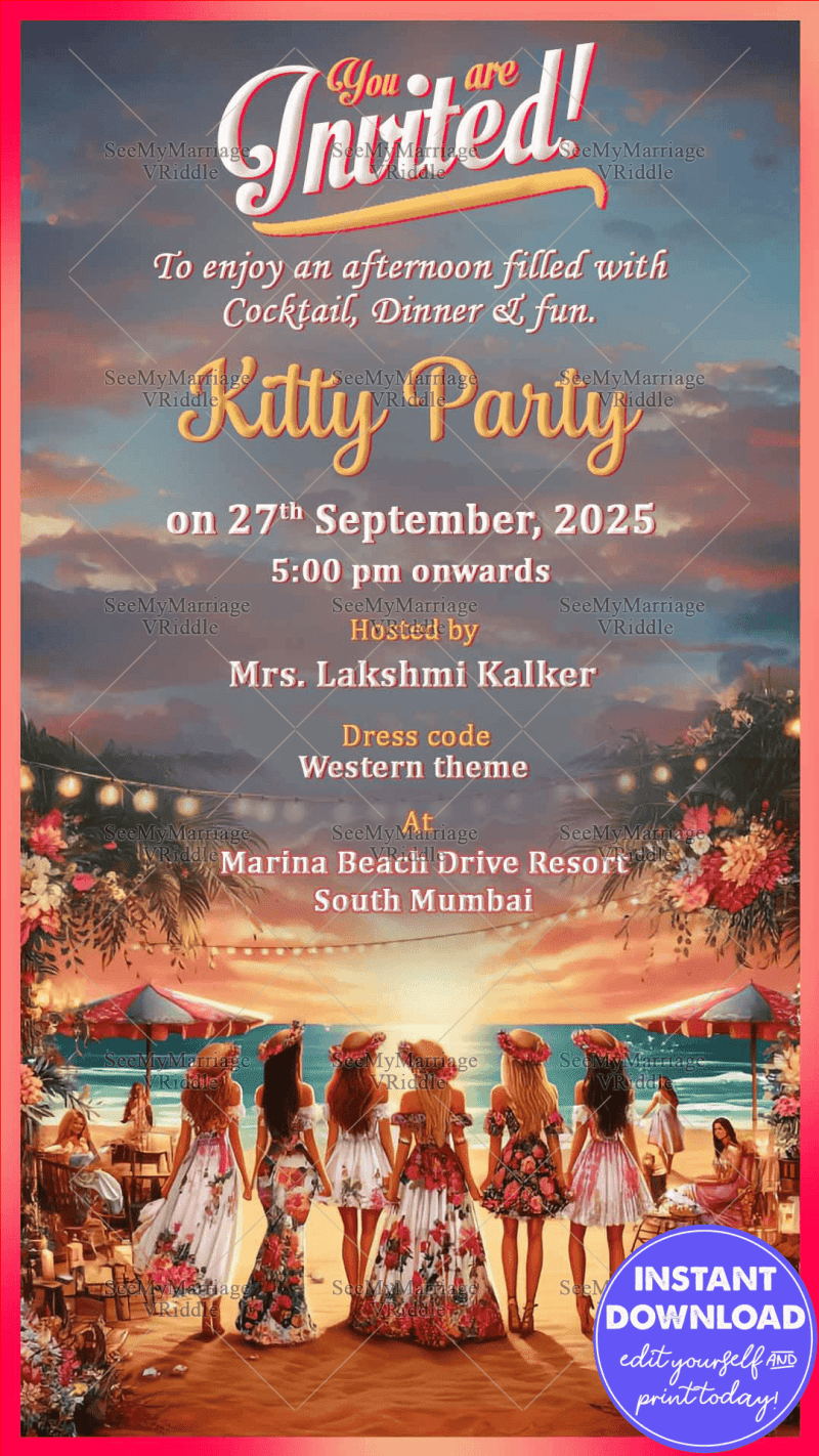 Beach Theme Kitty Party Invitation in Vintage hues with a group of ...