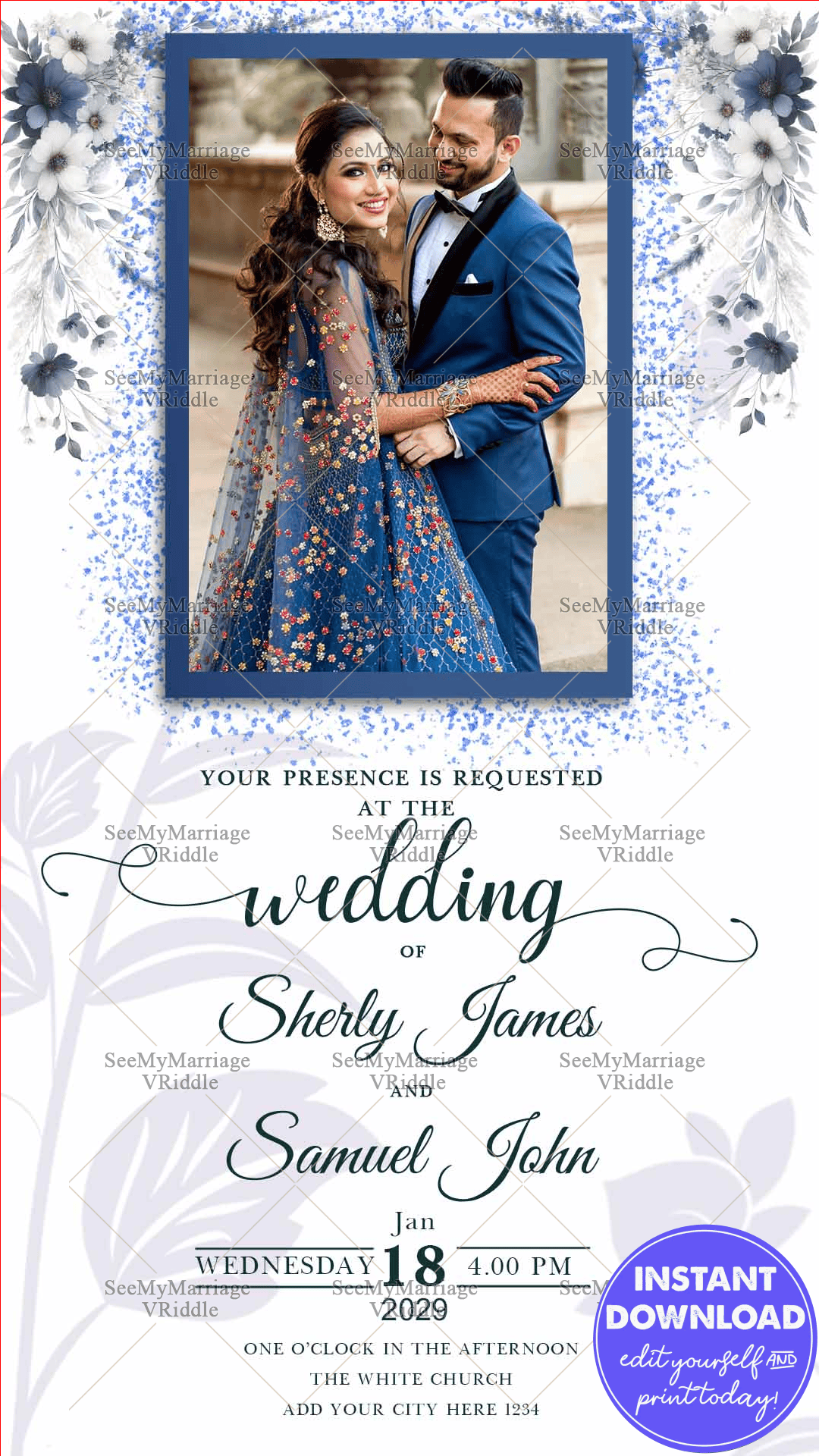 Blue and White theme Wedding Invitation with add photo option ...