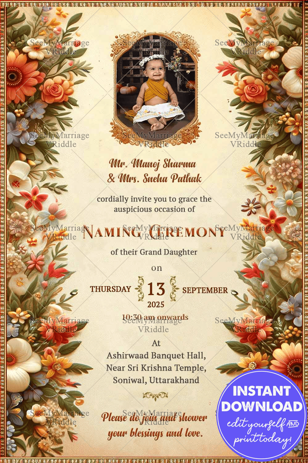 Add Photo Naming Ceremony Invitation with Flowers and Brown and Gold ...
