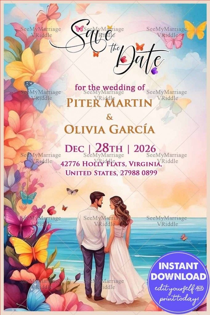 Rainbow Theme Save the Date Invitation With Butterflies And Couple ...