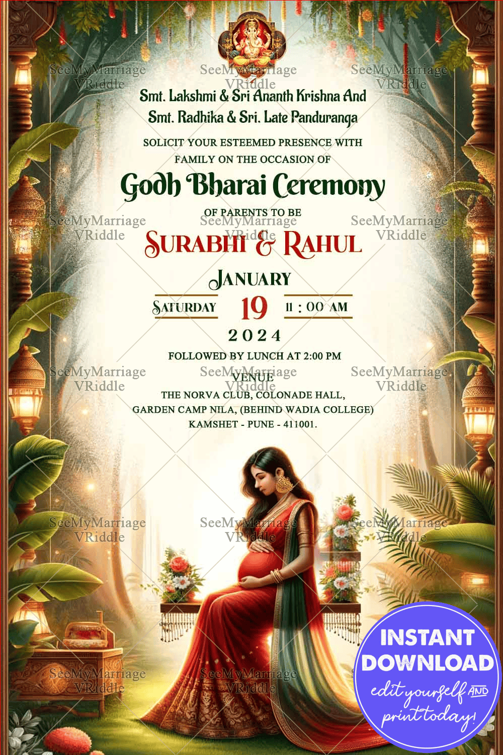Nature Theme Godh Bharai Ceremony Invitation with a Lady Sitting with a ...