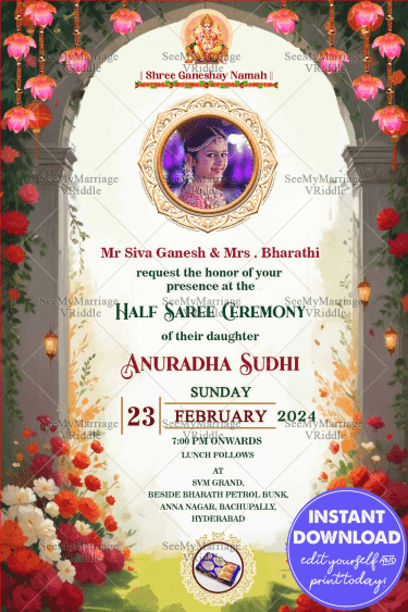 A Joyous Milestone Half Saree Ceremony Invitation with Floral Theme and ...