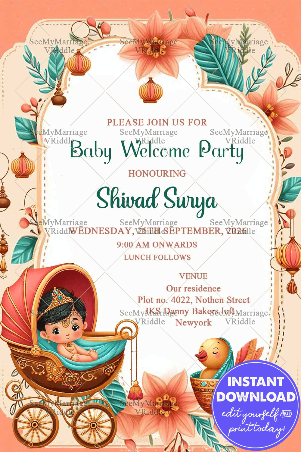 Adorable Baby Welcome Party Invitation with Peach Theme Background ...