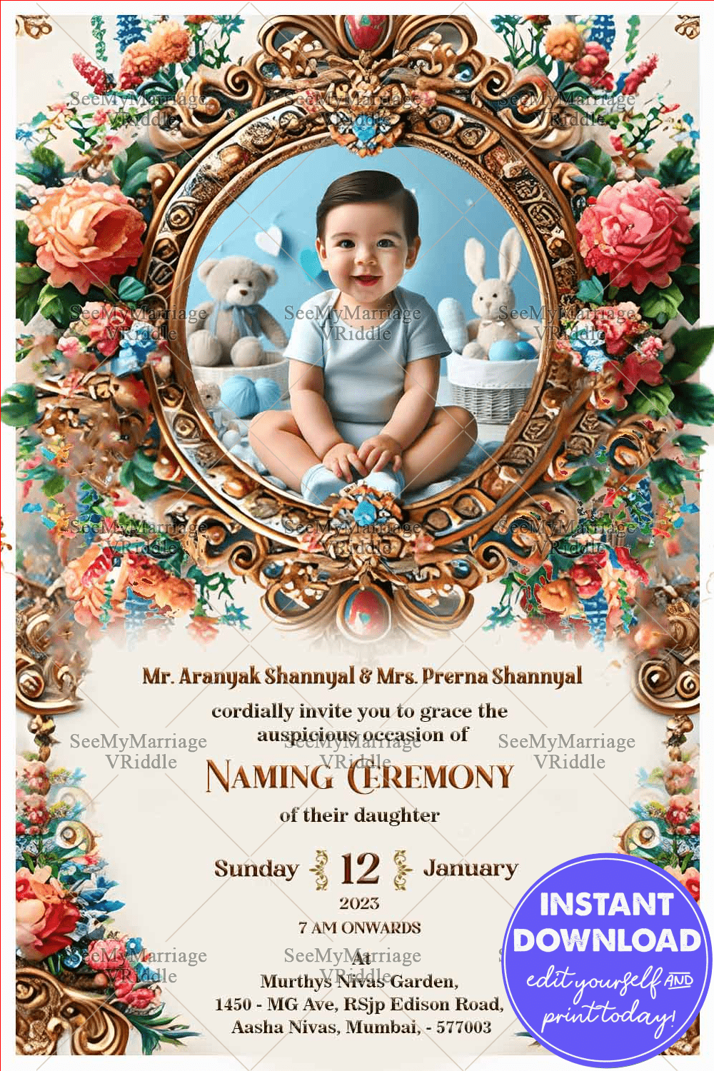Charming Naming Ceremony Invitation with Elegant Floral and Golden ...