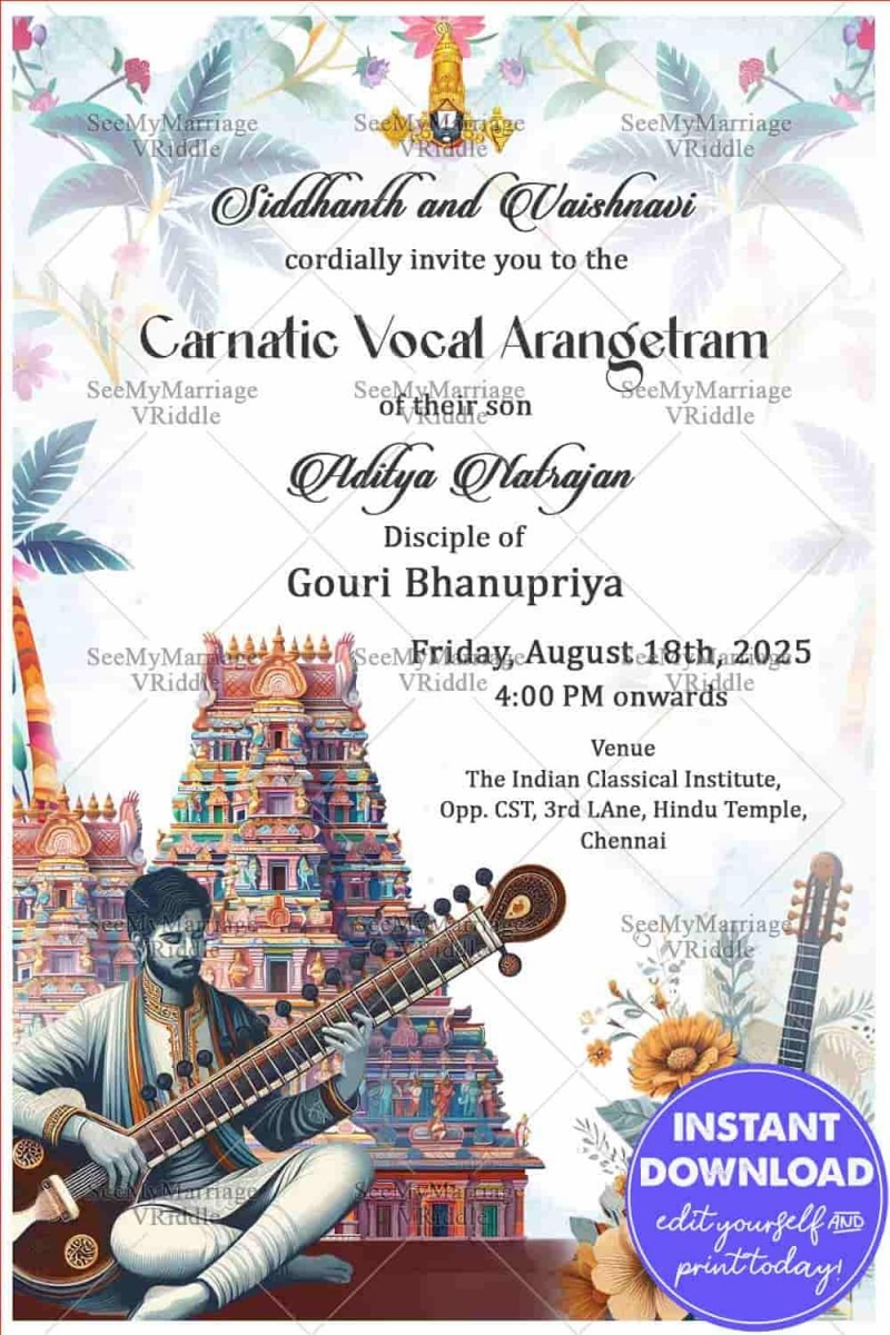 Classical Carnatic Vocal Arangetram Invitation with Temple Architecture Background – SeeMyMarriage