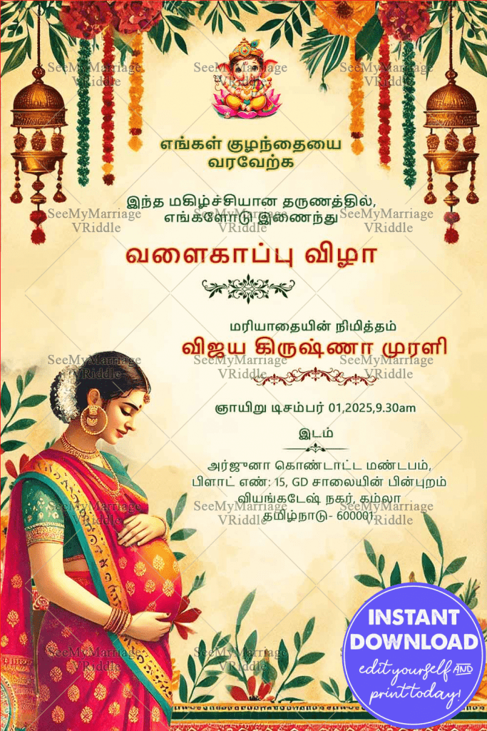 Colorful Tamil Valaikappu Ceremony Invitation with Floral and Leafy ...