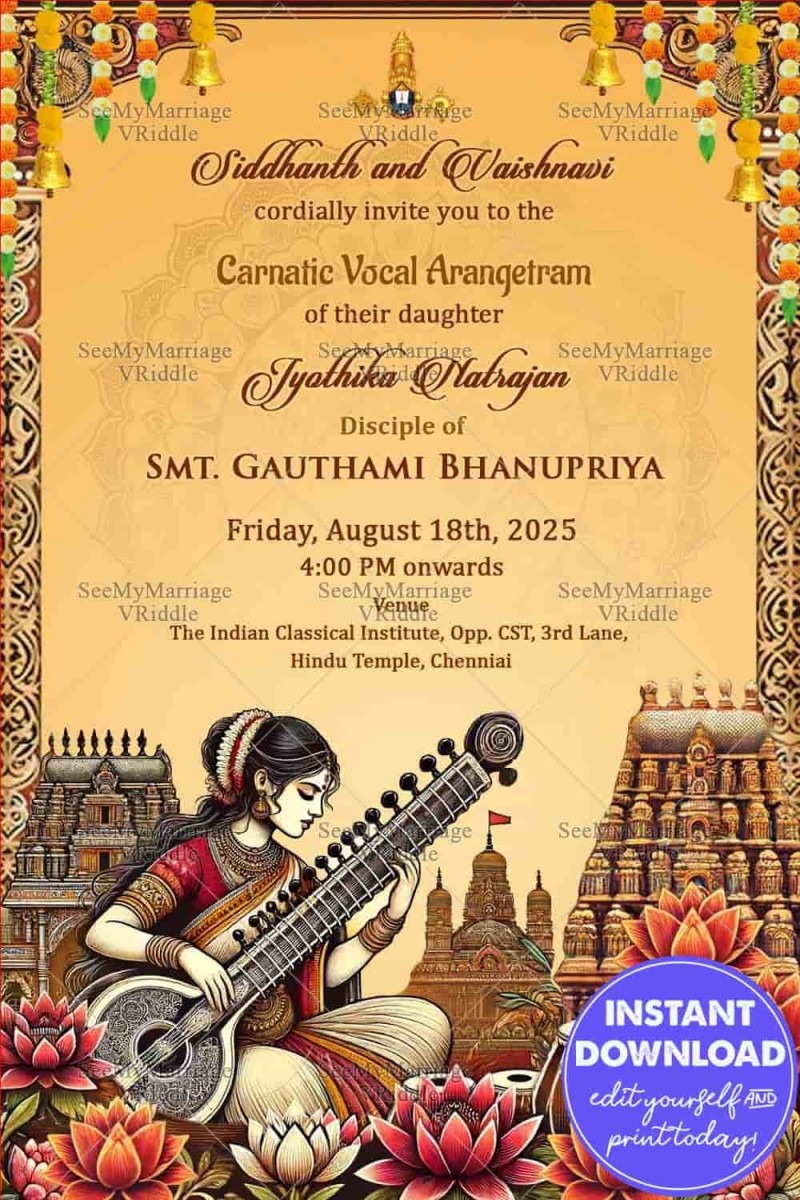 Cultural Carnatic Vocal Performance Invitation with Blooming Lotus ...