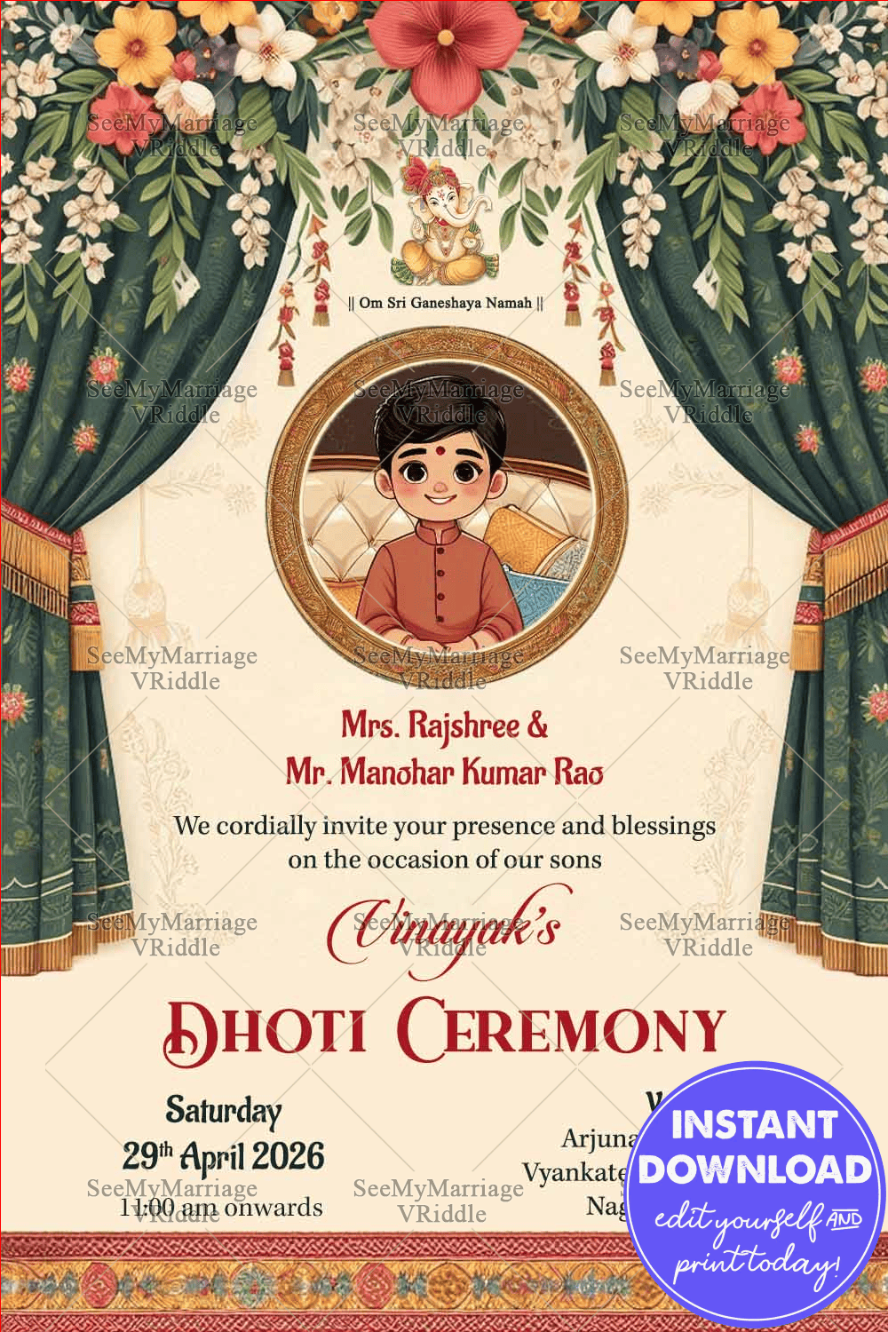 Dhoti Ceremony Invitation, Cream Color Theme With Floral Pattern ...