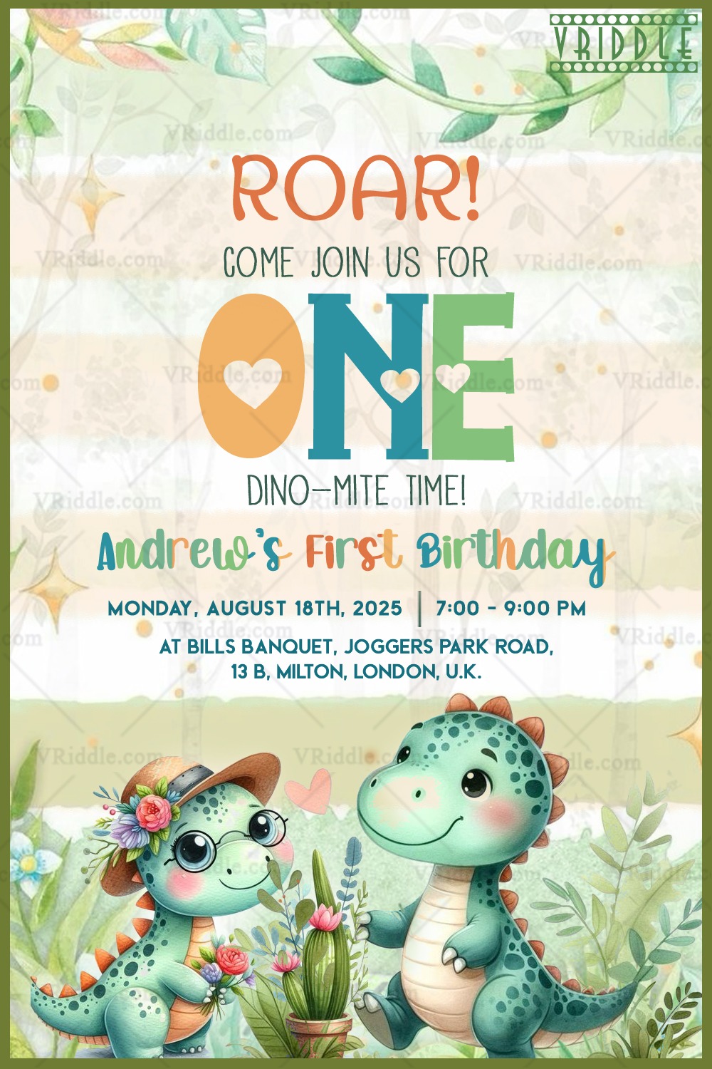 Colorful First Birthday Party Invitation with Playful Dinosaurs Theme ...