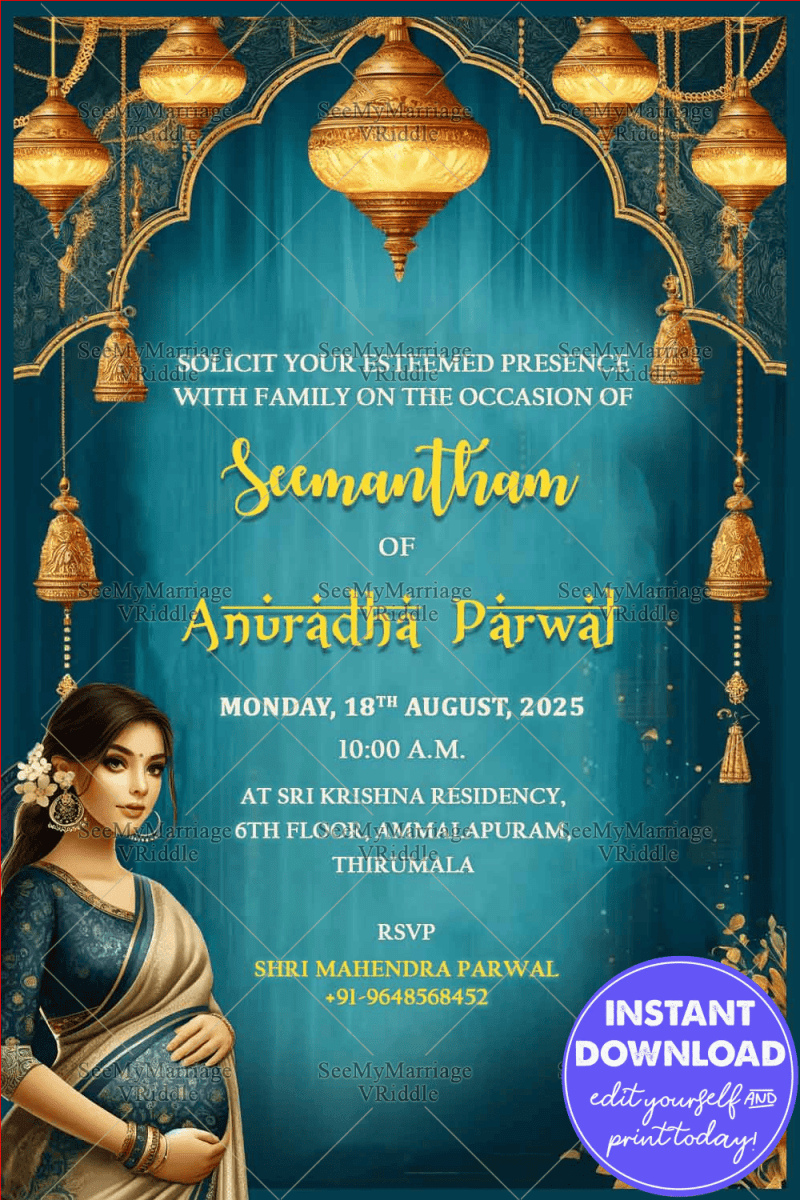 Elegant Baby Shower Invitation with Gold Lanterns and Deep Blue Accents ...