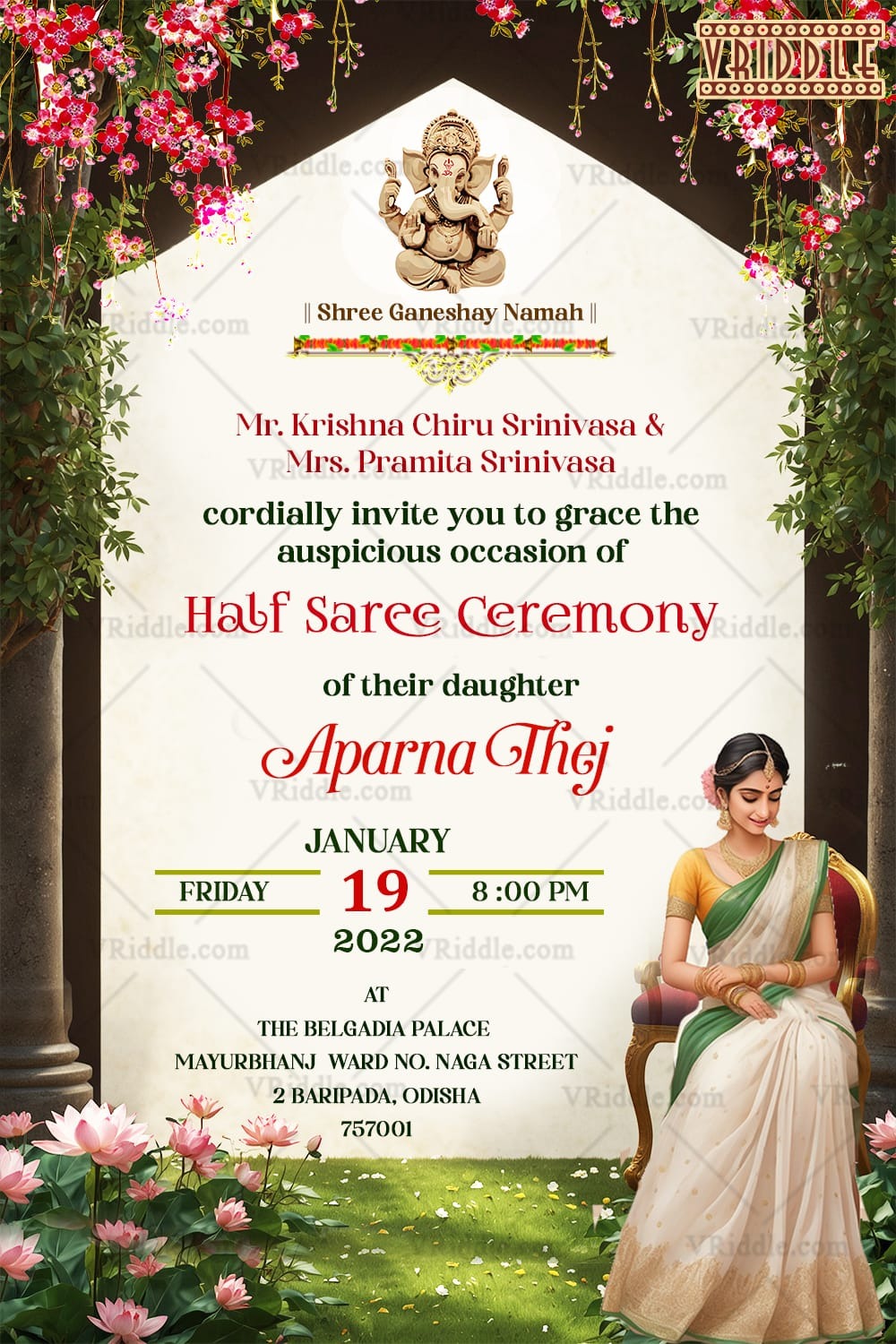 Elegant Nature-Themed Half Saree Ceremony Invitation – SeeMyMarriage Elegant Nature-Themed Half Saree Ceremony Invitation – SeeMyMarriage