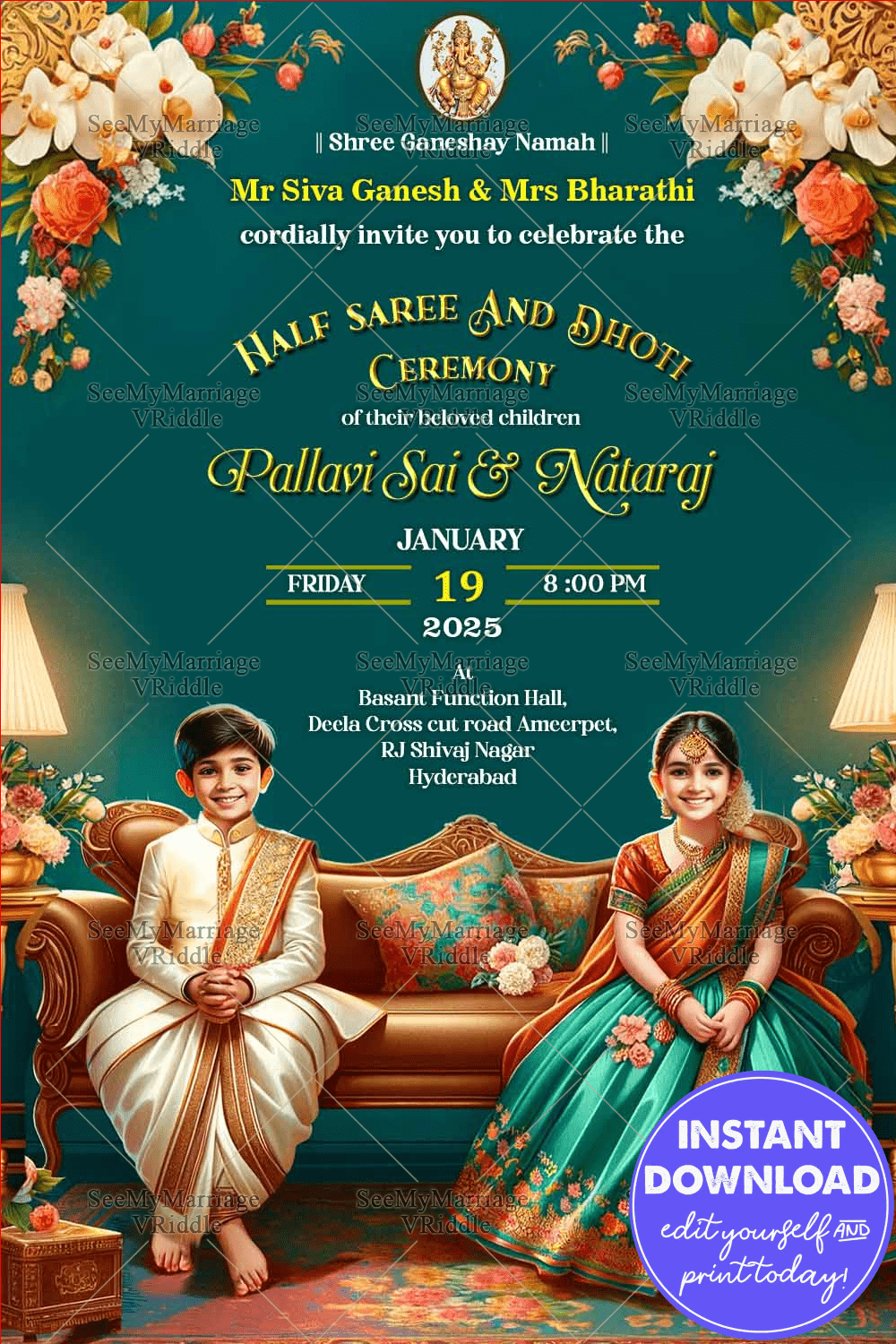 Emerald Elegance, Half Saree and Dhoti Ceremony Celebration with Floral ...