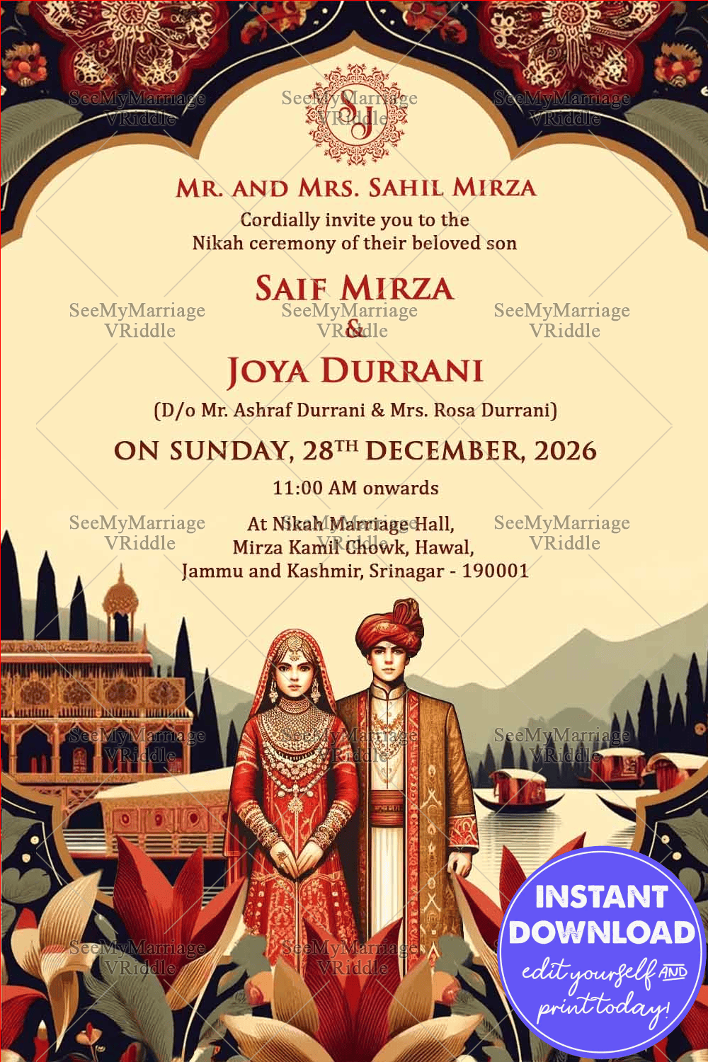 Exquisite Kashmiri-Style Nikah Invitation Card with Rich Cultural and ...