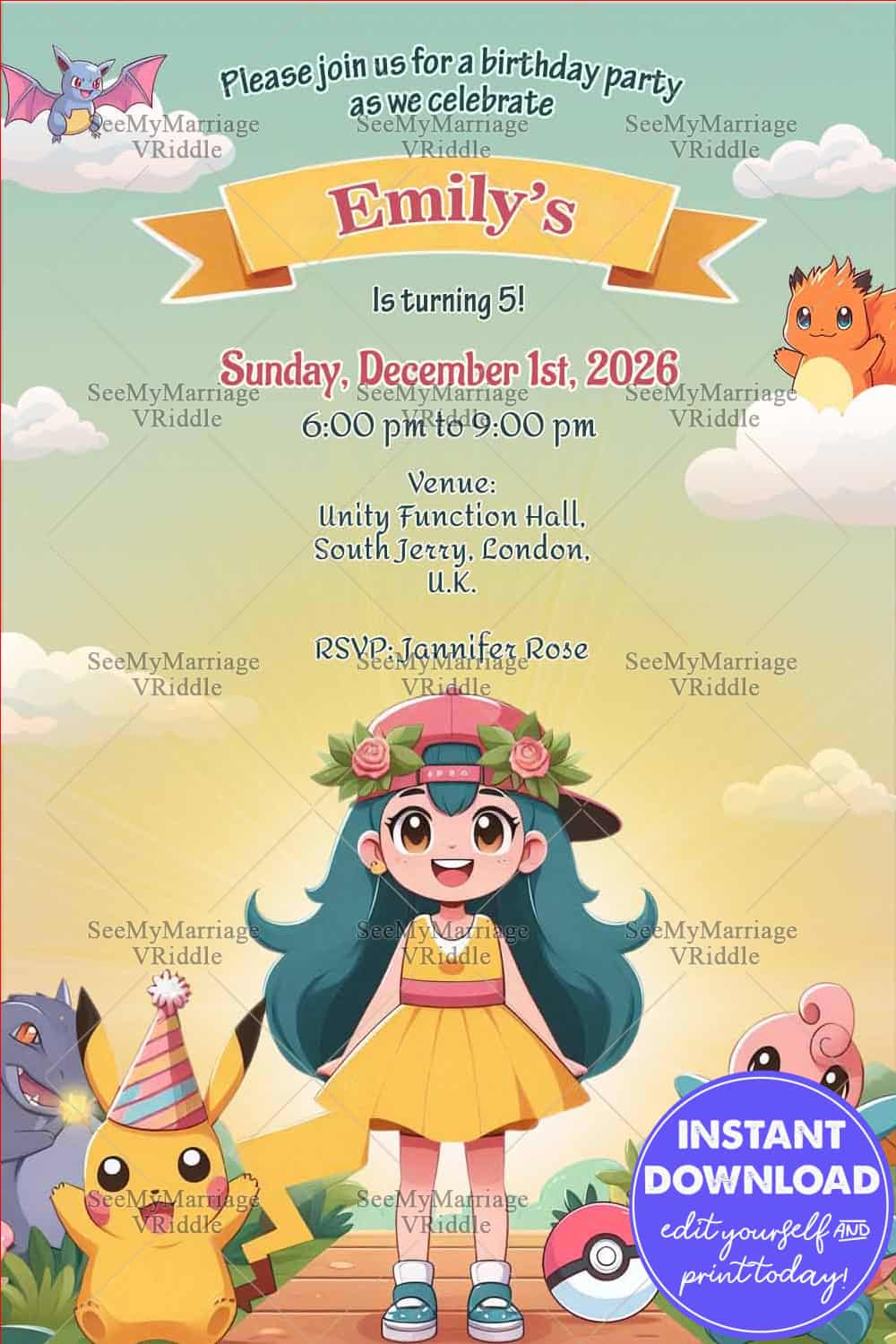Fifth Birthday Invitation with Pikachu, Friends and Colorful Pokemon ...
