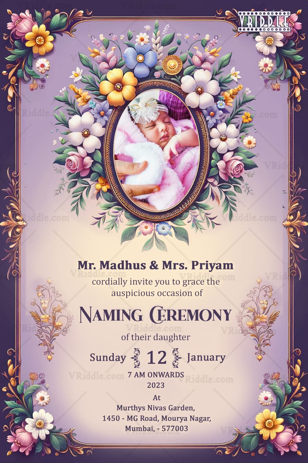Golden Blossoms, Naming Ceremony Celebration with Purple Color Theme ...