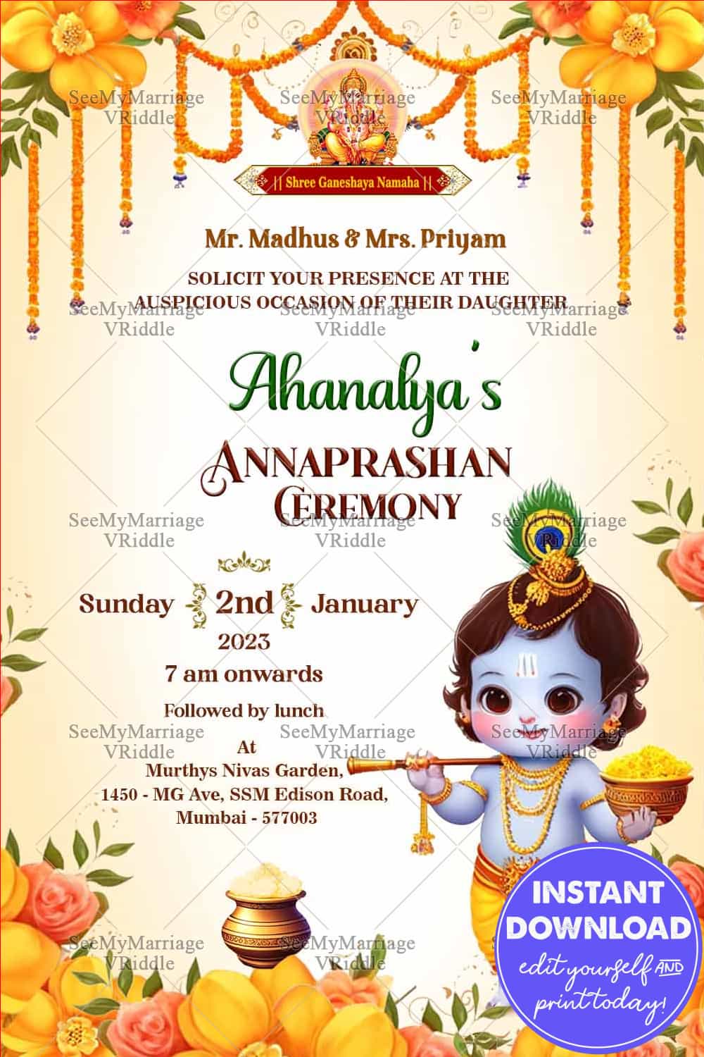 Little Krishna Theme Annaprashan Ceremony Invitation Card In Cream ...