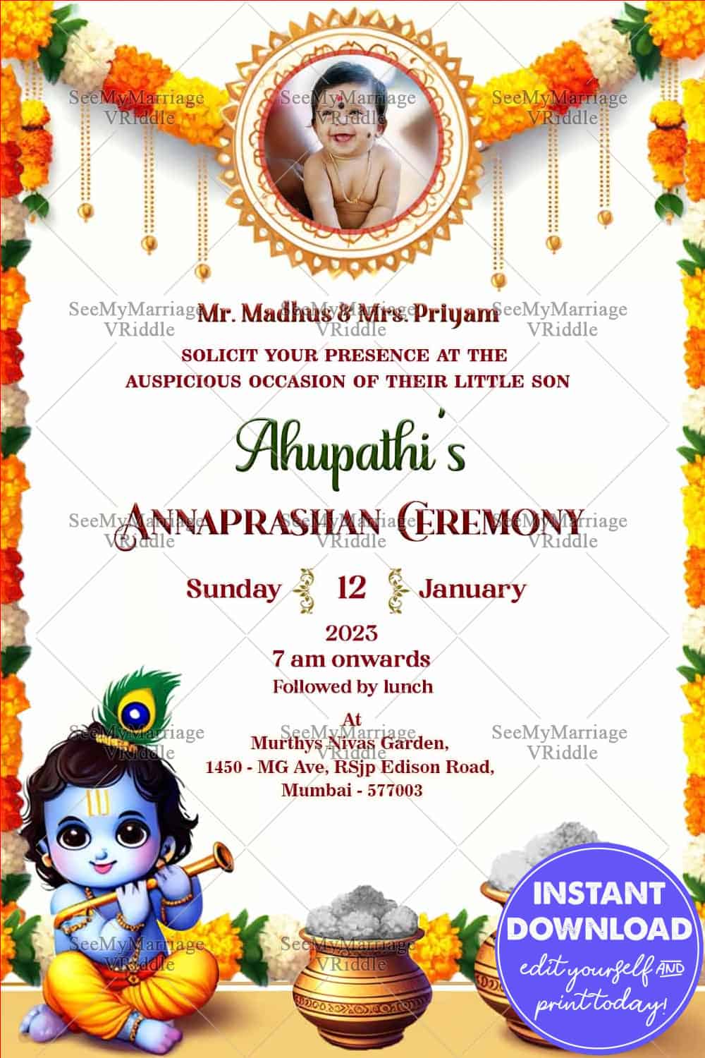 Little Krishna Theme Annaprashan Ceremony Invitation Card with Photo ...