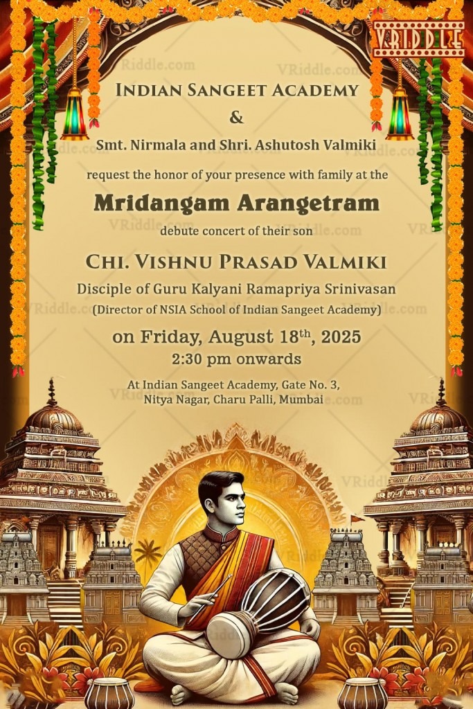Majestic Mridangam Arangetram Invitation with Temple Architecture and ...